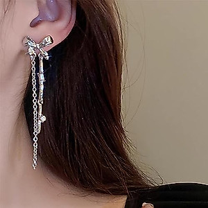 Sttiafay Vintage Bow Crystal Drop Earrings Silver Bar Dangle Earrings Long Crystal Bow Chain Earrings Cz Tassel Chain Earrings Jewelry for Women and Girls