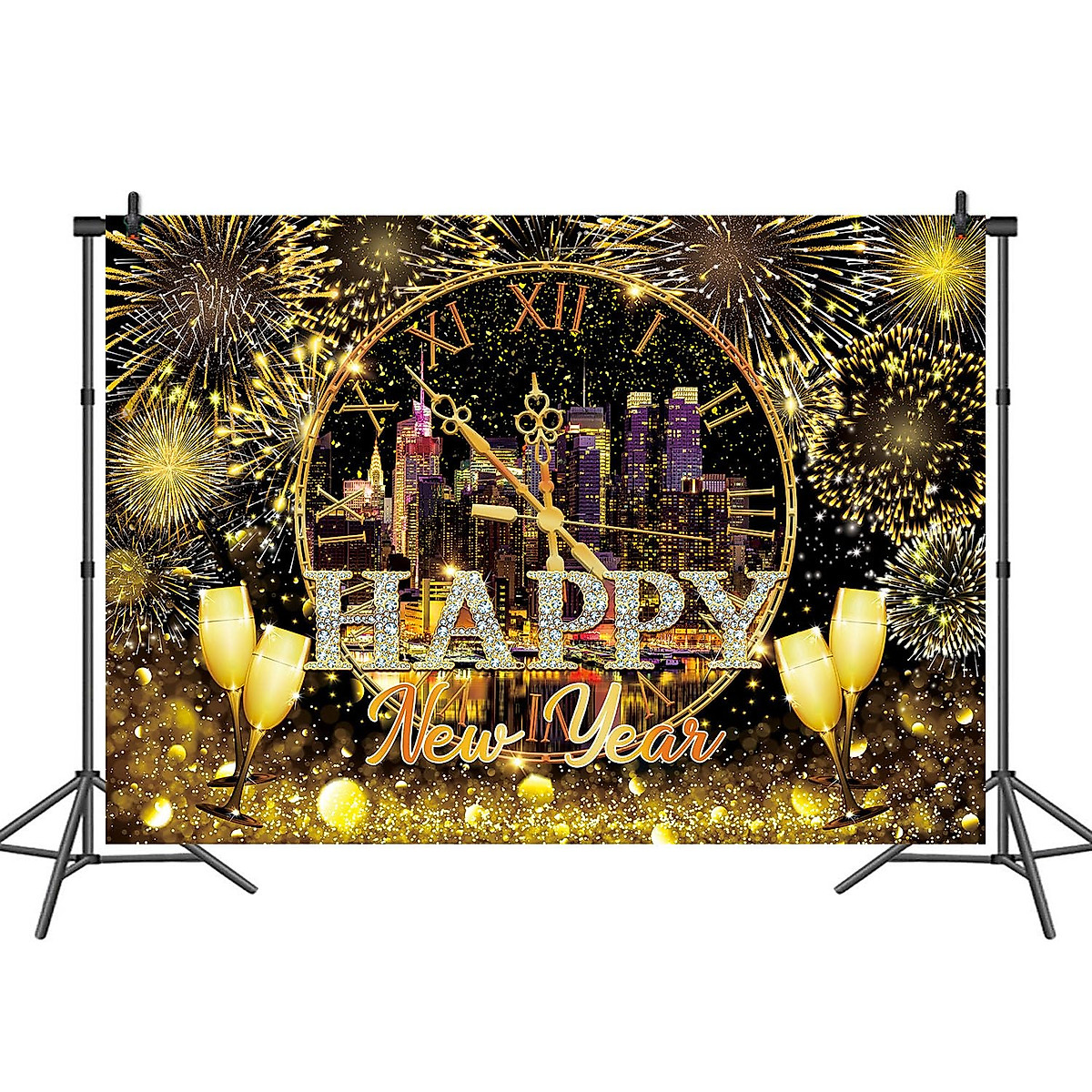 BAIFNEZ 2024 New Year Countdown Backdrop Sparkling Gold Fireworks Champagne Glasses City Night Photography Background New Year's Eve Family Gathering Business Party Decoration Supplies (7x5FT, Gold)