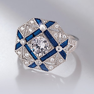 Scienza Resurgence Art Deco Ring for Women – Rhodium Plated Sterling Silver Ring w/Blue Baguette Stones – Blue Spinel & White Cubic Zirconia Ring – Structured Crisscross Geometric Ring