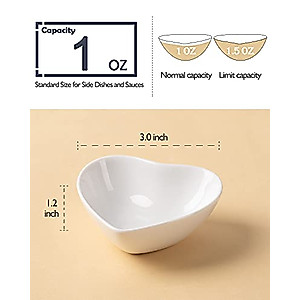 DELLING 12 Pack Soy Sauce Dishes/Bowls, Heart Shaped Dip Bowls Set, Sauce Cups/Ceramic Dipping Bowls, Mini Serving Bowls for Side Dishes, Soy Sauce, Ketchup, Sushi, BBQ and Party Dinner- White, 1Oz