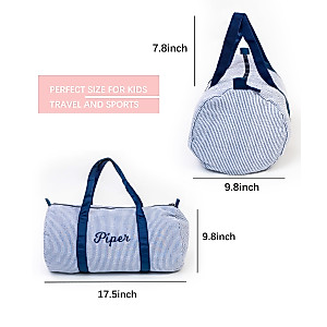 Personalized Kids Travel Overnight Bag Seersucker Carry On Lightweight Weekender Duffel Bag for Boys Daycare Bag for Toddler Boys Girls Weekend Beach Sports Gym Sleepover Bag (Blue)