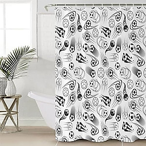 Minimalist Football Bathroom Set with Shower Curtain and Rug and Accessories,66x72 Inches Long Bathtub Curtain with Small Bath Mat,Bathtub Floor Runner Rug Set,12 Hooks Sports Theme Black White