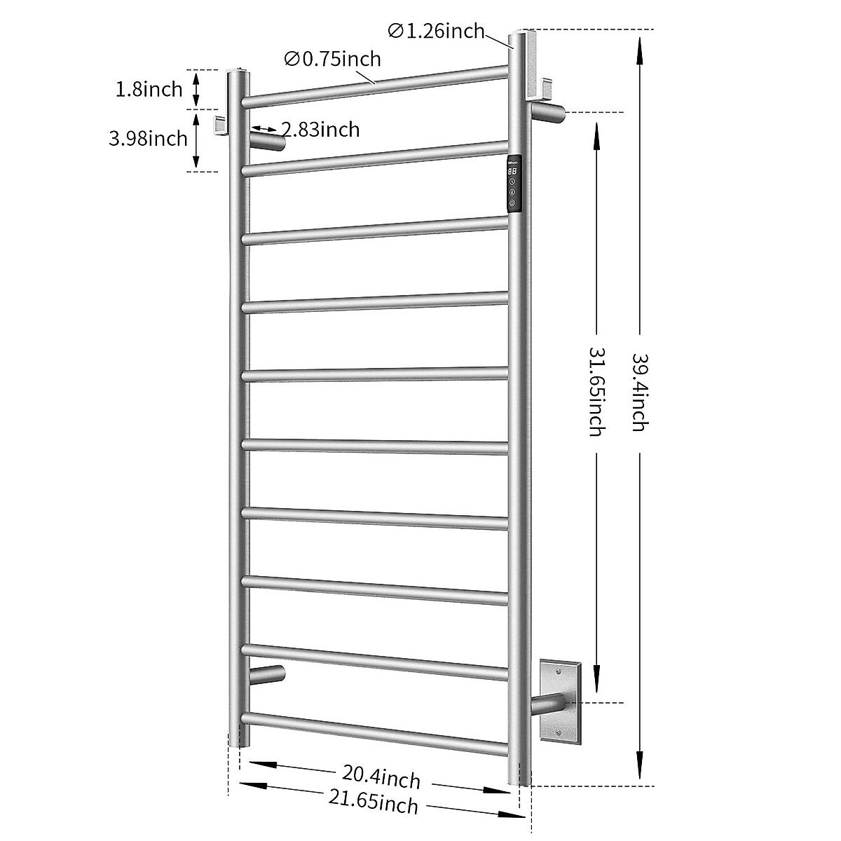P&Bhusri Heated Towel Rack for Bathroom,Wall Mounted Electric Towel Rack with Timer and LED Indicator, 10-Bar Towel Warmer, Stainless Steel Brushed, Hard-Wired/Plug-in