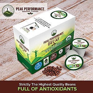 Peak Performance Organic Decaf Coffee Pods - High Altitude USDA Organic Decaf Coffee. High Mental Performance Coffee. Fair Trade, Low Acid Beans Medium Roast Single Serve Decaffeinated. 24 Count Cups