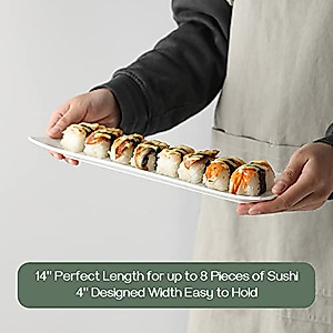 DOWAN 14" Sushi Plate Set of 4 - Long Rectangle Plates and Cracker Trays for Serving - White Ceramic Platters for Party and Entertaining - Dishwasher & Oven Safe