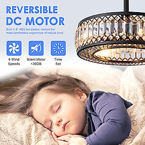 Modern Black Crystasl Ceiling Fan with Light, Caged 18" Bladeless Ceiling Fan with Remote Control, 6 Speed Low Profile Enclosed Ceiling Fan with Reversible Motor for Bedroom Kitchen Living Room