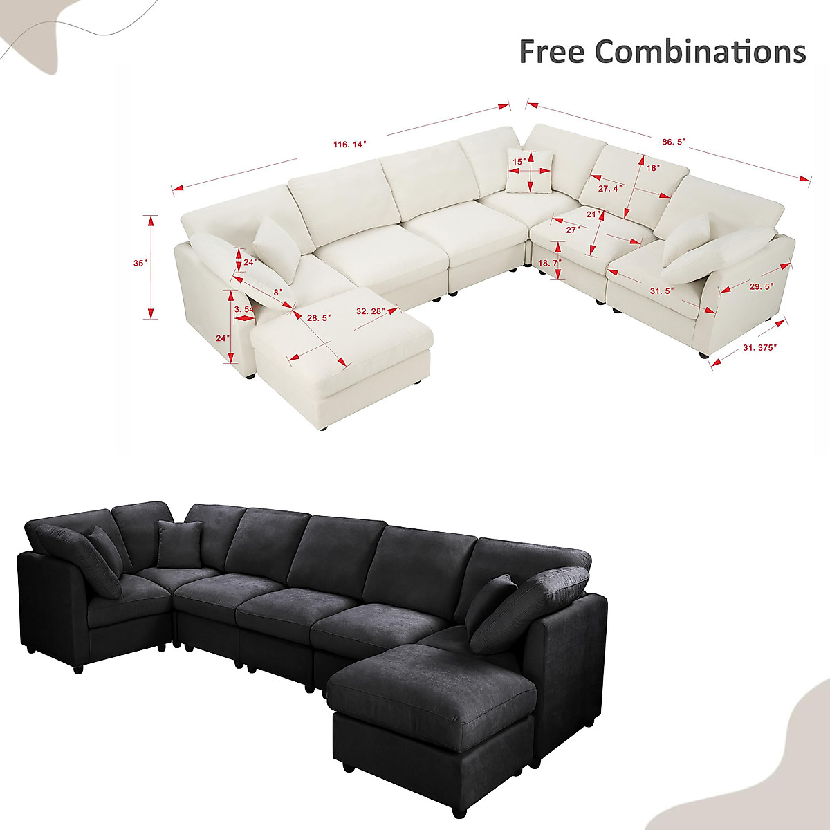 117" Modular Sectional Sofa,U Shaped Chenille Sofa Set with Movable Ottoman,Modern 7-Seat Cloud Sectional Couches for Living Room Home Office (Black, 117" U-7 Seater)