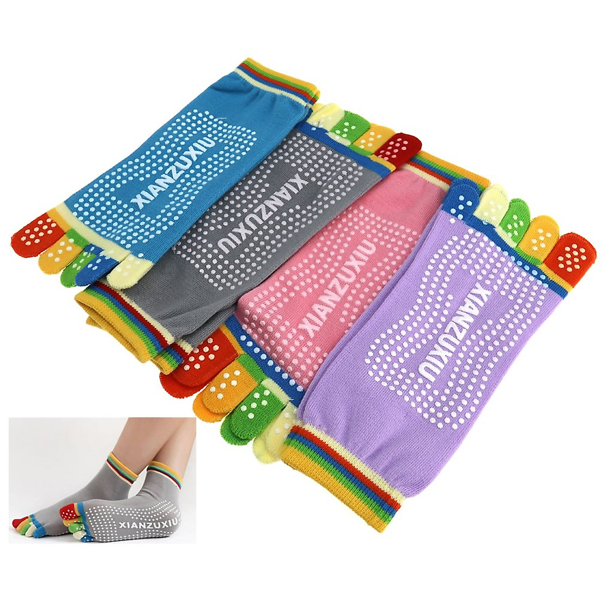 Micro Trader 4 Pcs Anti-Slip Unisex Sport Yoga Colorful Gym Socks 5-Toe Cotton Yoga Socks