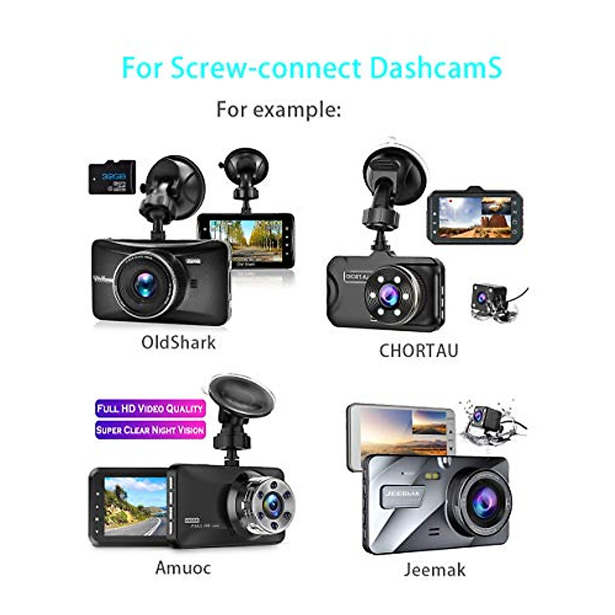 Dash Cam Suction Cup Mount for Oldshark Amuoc Jeemak Chortau Screw-Connect Dashcam, Clip on Car dvr Holder, Strong Suction Power, Easy to Install Use, Easy to Remove, Heat Resistant, 2 Pcs