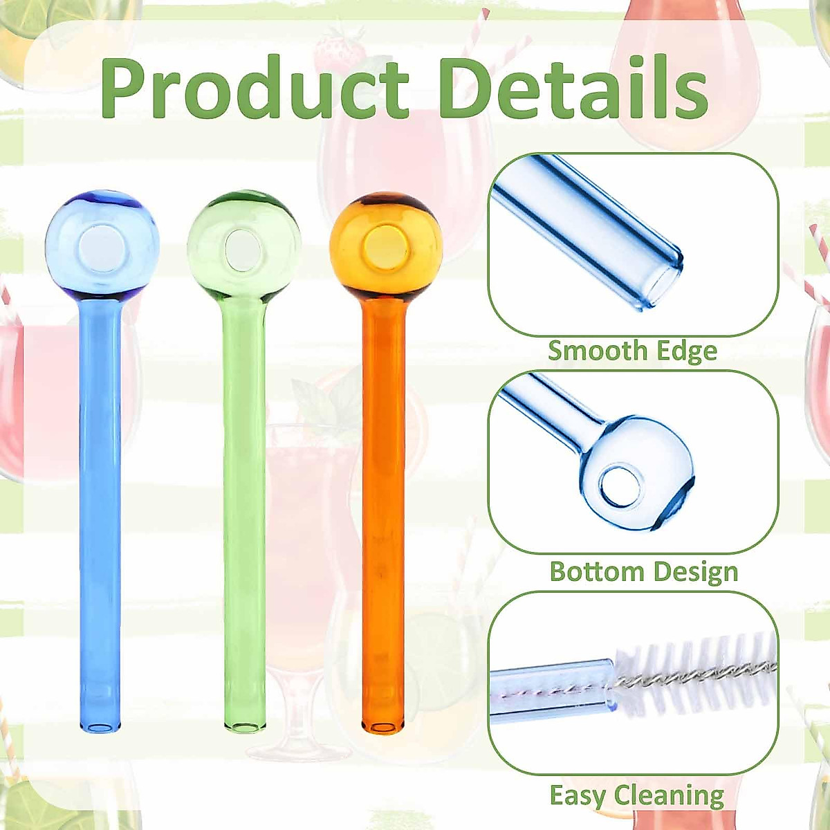 TMXAOK 8 Pieces Glass Straws, 4inch Glass Straws Shatter Resistant with Cleaning Brush, Bar Drinking Glass Swizzle, Glass Stirrers for Cocktail, Smoothies, Coffee, Juice(B-style)