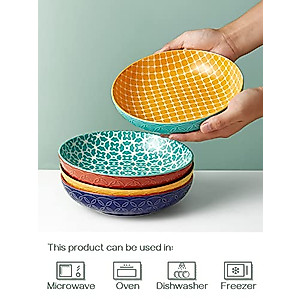 DOWAN Vibrant Pasta Bowls, 8.5'' Large Salad Bowls, 34 Oz Porcelain Pasta Serving Bowl Set of 4, Bowls for Pasta, Salad, Soup, Oatmeal, Mix-match Pattern, Ideal Housewarming Gift