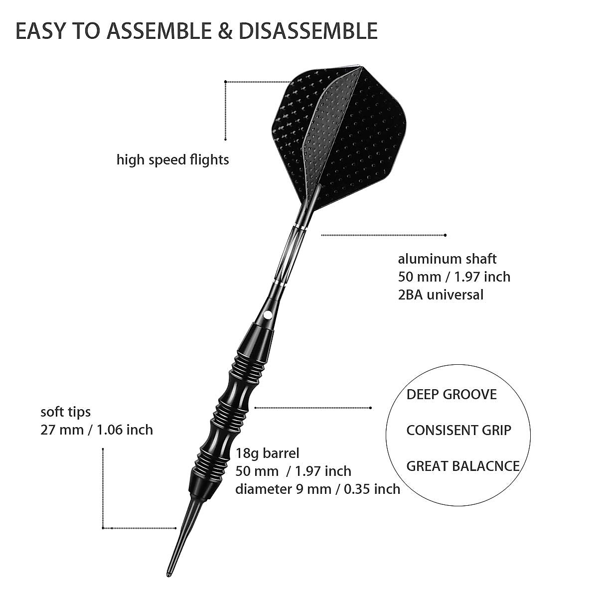 sanfeng Professional Soft Tip Darts Set 20 Grams W/ 50 O-Rings- 30 Darts Plastic Tip + Black Aluminum Shafts + 6 Standard Flights + Portable Case for Electronic Dart Board