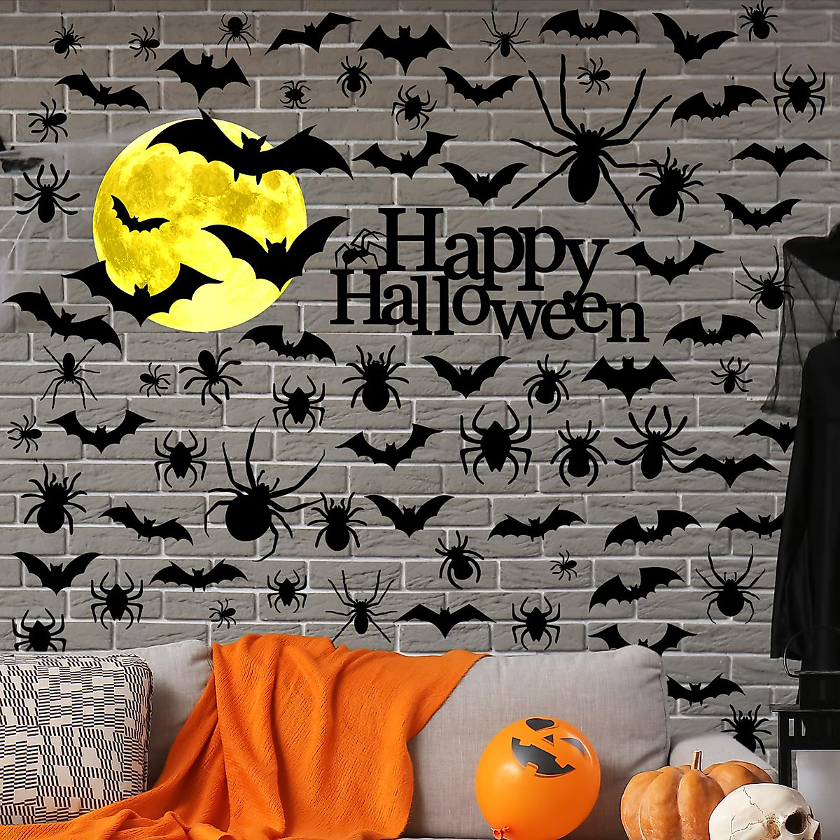 Qeeenar 76 Pcs Halloween Moon Wall Decal Halloween Bat Wall Stickers Vinyl Bat Wall Decals Halloween Removable Halloween Spiders Wall Sticker Halloween Bats Wall Decals Party Decorations, 6 Sheets
