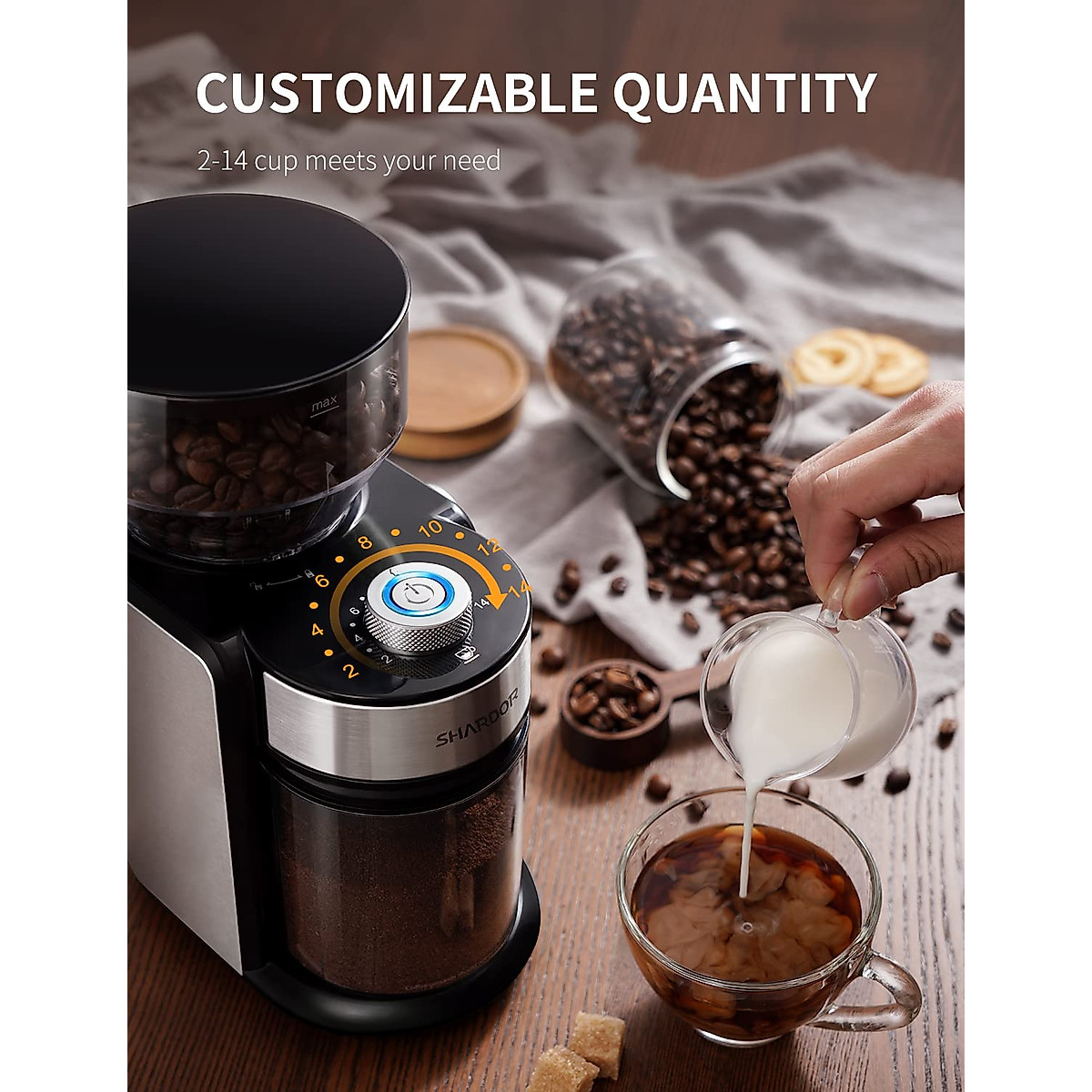 SHARDOR Coffee Grinder, Adjustable Burr Mill with 16 Precise Grind Setting for 2-14 Cup, Silver