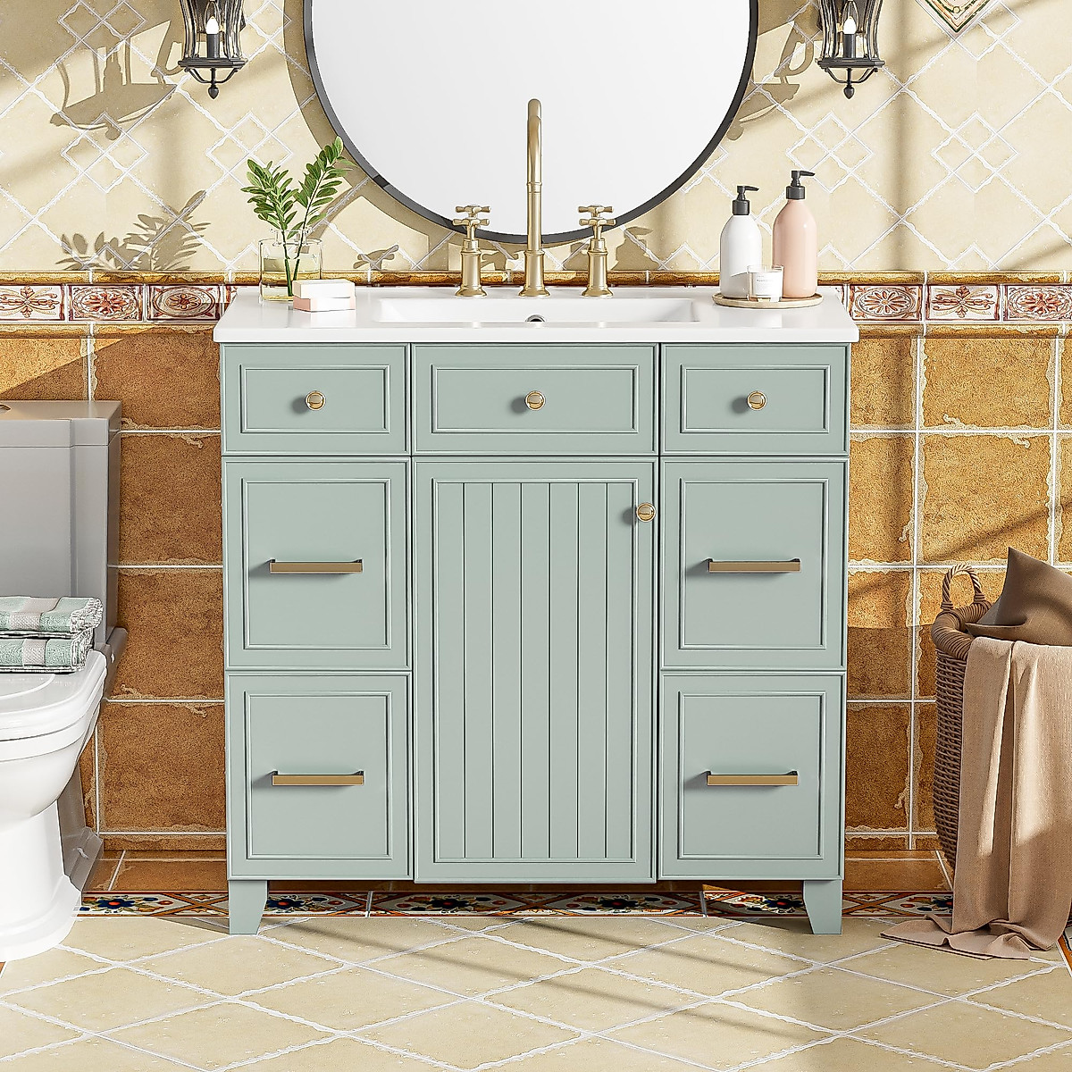 Harper & Bright Designs 36" Bathroom Vanity with Sink, Free Standing Single Basin Vanity Set with Cabinet and 3 Drawers, Modern Wooden Bathroom Cabinet with Ceramic Basin for Bathroom, Green