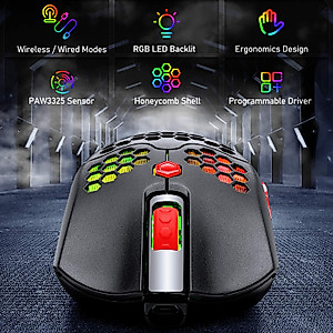 Wireless Gaming Mouse,16 RGB Backlit Ultralight Wireless/Wired Mice with Programmable Driver,Rechargeable 800mA Battery,Pixart 3325 12000 DPI,Lightweight Honeycomb Shell for PC Gamers (Pink)