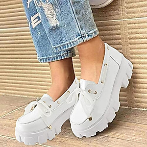 Ladies Fashion Solid Color Leather Bow Casual Single Shoes Round Toe Thick Soled Small Leather Shoes Women Shoes Wide Width Casual White
