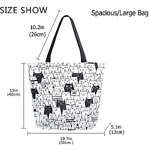 ZzWwR Cute Cartoon Black White Cats Pattern Extra Large Canvas Market Beach Travel Reusable Grocery Shopping Tote Bag Portable Storage HandBags