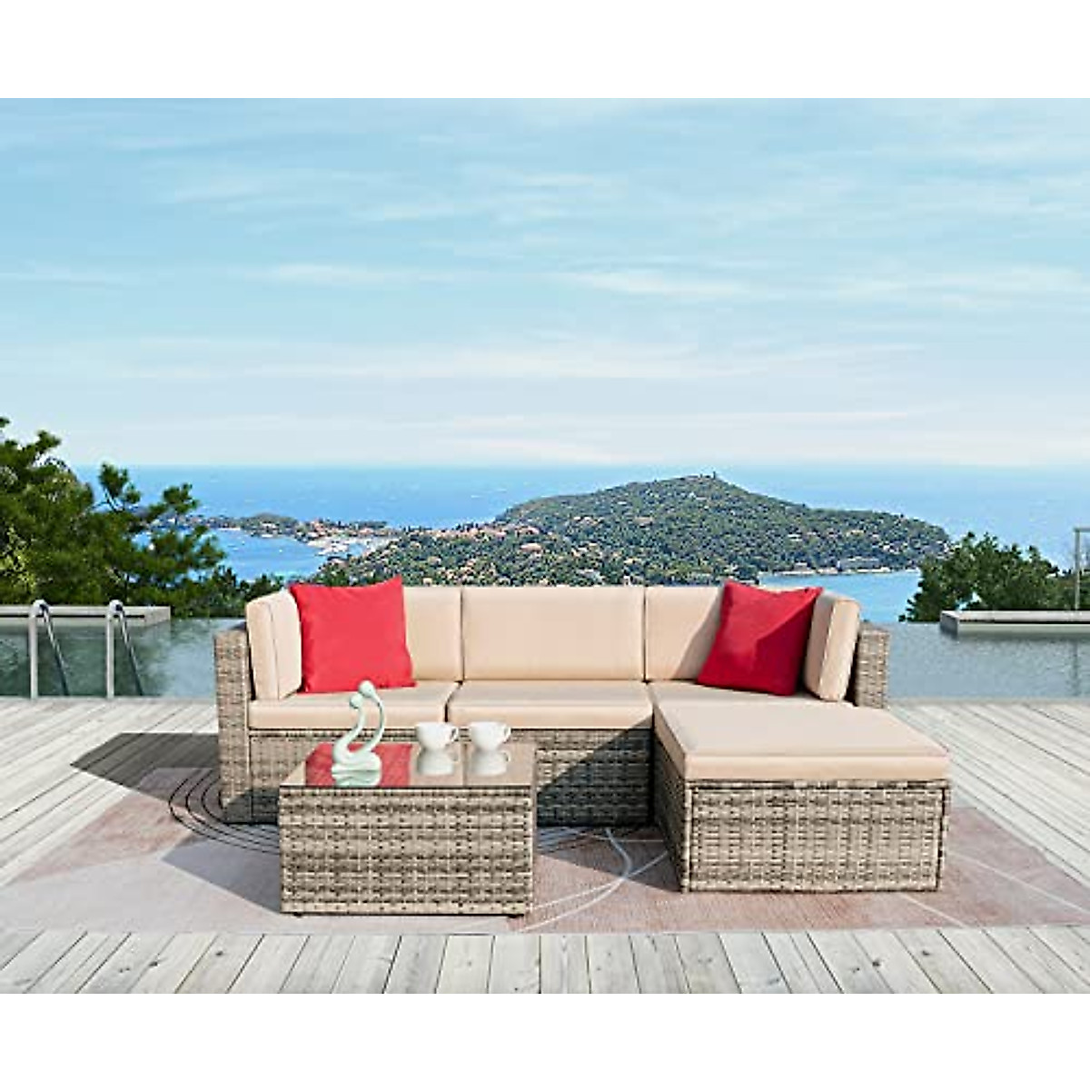 Tuoze 5 Pieces Patio Furniture Sectional Outdoor All Weather PE Rattan Wicker Lawn Conversation Cushioned Sofa Set with Glass Coffee Table (Grey)