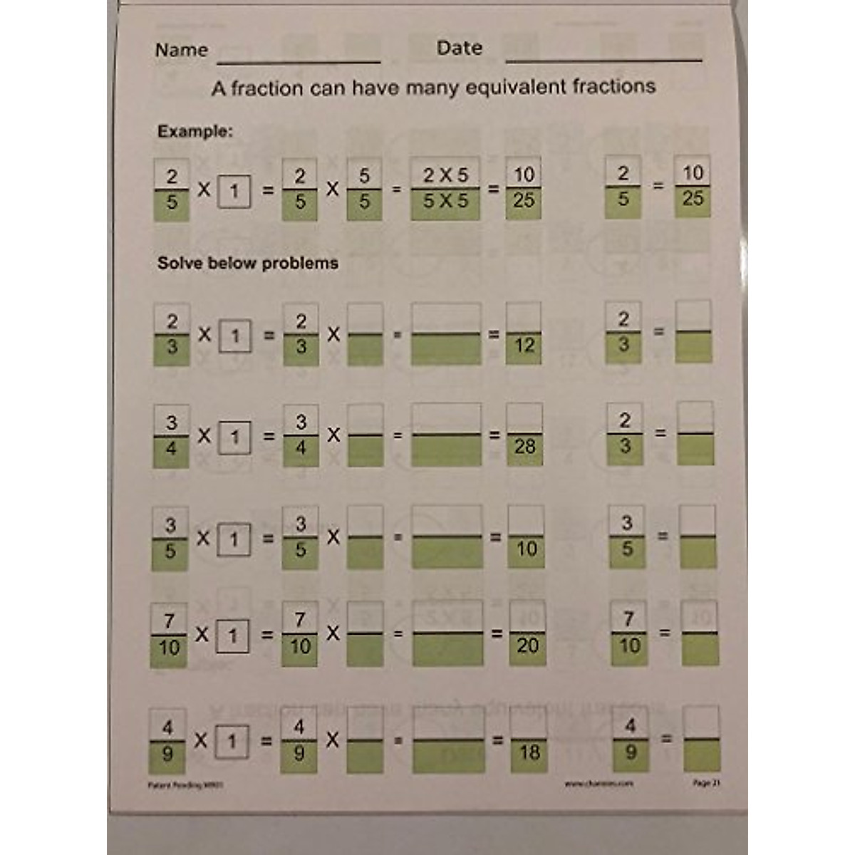 Channie’s One Page A Day Workbook, Beginner Single Digit Fraction Math Practice Worksheets, 50 Pages Front & Back, 25 Sheets, Grades 3rd, 4th, and 5th, Size 8.5” x 11” Summer School, Summer Bridge