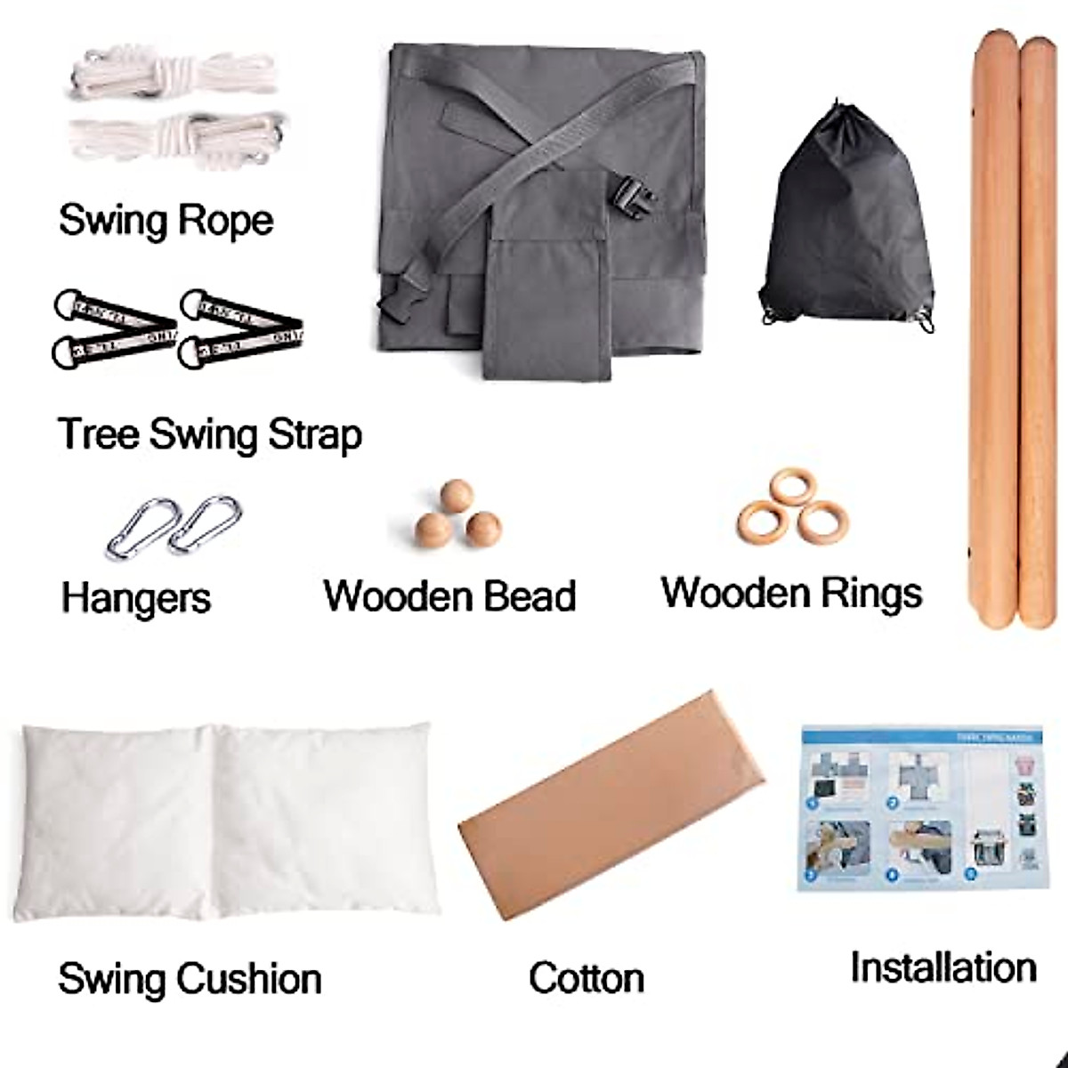 Baby Swing Seat, Secure Canvas and Wooden Hanging Swing Chair for Baby, Infant, Toddler, Kids Toys - Indoor and Temporary Outdoor Hammock for Indoor Playground, Tree Swings or Backyard, Grey