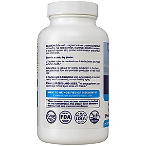 Taurine Supplement for Dogs, Meets RDA of 500 mg per 25lbs Weight Unlike Most Competitors, 120ct, Vet Endorsed for Enlarged Heart (DCM), Congestive Heart Failure (CHF) Taurine Deficiency, Heart Murmur