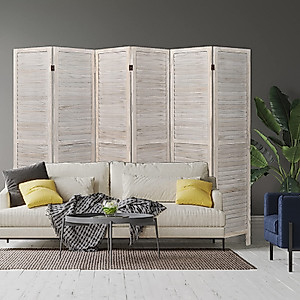ECOMEX 6 Panel Wood Room Divider, Folding Room Divider Privacy Screen 5.6Ft Tall, Freestanding Louvered Divider Screen for Home Office Restaurant Bedroom(White)