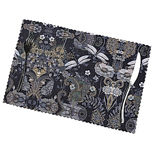 Placemats, Dragonflies Grey Print Placemats Set of 6, Heat Resistant Place Mats, Washable Table Mats
