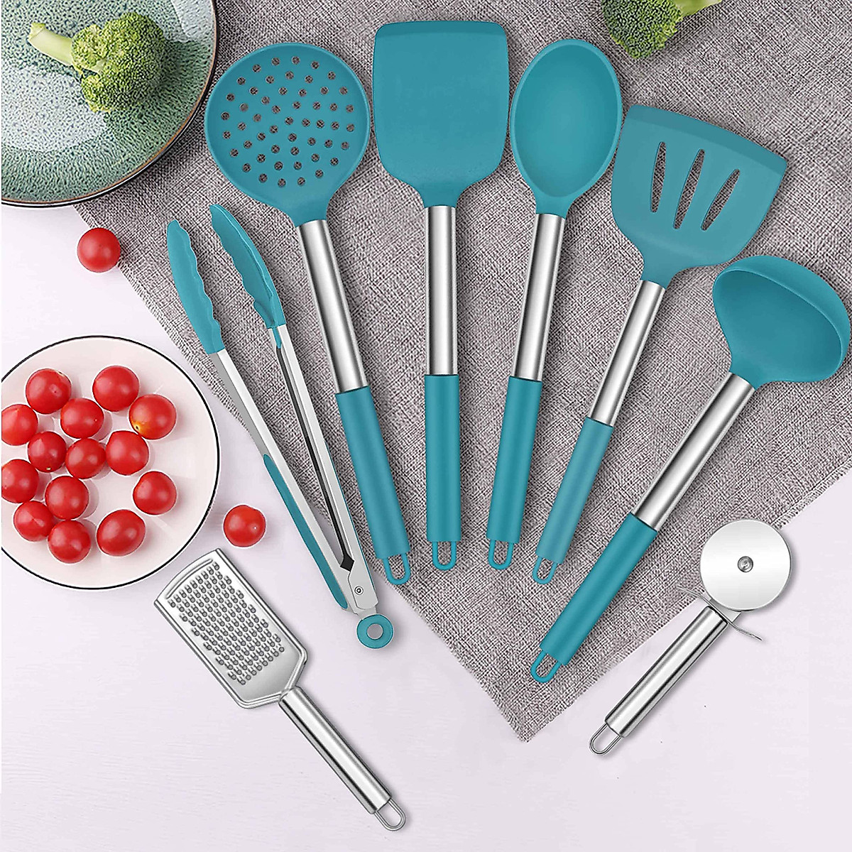 Homikit 17 Pieces Silicone Kitchen Utensils with Holder, Blue Cooking Utensils Sets Stainless Steel Handle, Nonstick Kitchen Tools Include Spatula Spoons Turner Pizza Cutter, Heat Resistant