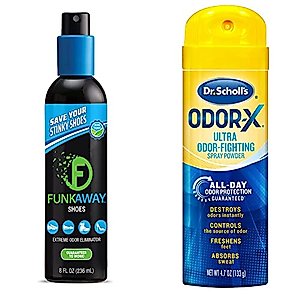 FunkAway Odor Eliminating Spray for Shoes, Clothes and Gear (8 Oz.) & Dr. Scholl’s Odor-X ODOR-FIGHTING Spray-Powder // All-Day Odor Protection and Sweat Absorption - Packaging May Vary