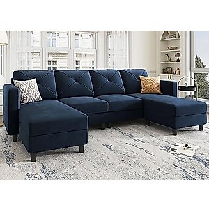 HONBAY Velvet Sectional Sofa with Chaise U Shaped Sectional Couch 4 Seat Sofa for Living Room, Dark Blue