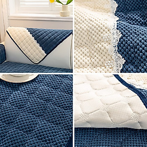 vctops Soft Corduroy Sofa Couch Cover, Plaid Sectional Couch Covers, Non-Slip Sofa Slipcover for Dogs Cats Kids(Navy,36"x47")