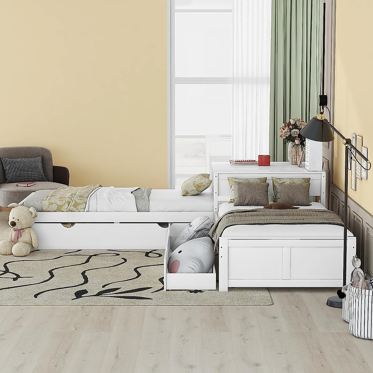 CITYLIGHT L-Shaped Platform Bed with Trundle and Drawers Linked with Built-in Desk, Wood Corner Bed with 3 Twin Beds for Kids Girls Boys Teens Bedroom (Twin,White)