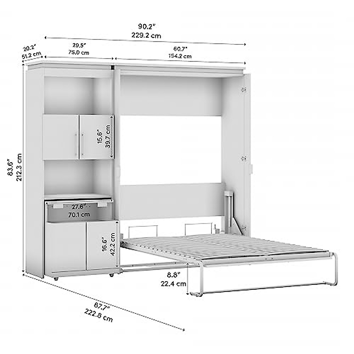 Bestar Orion Murphy Bed with Storage Cabinet and Fold-Out Desk (91W), Sleeping Arrangement with Work Surface, Full, White & Walnut Grey