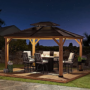 Sunjoy Hardtop Gazebo 11' X 13' Cedar Framed Wood Gazebo with Brown Double Steel Hardtop Roof Permanent Canopy for Garden, Backyard Shade