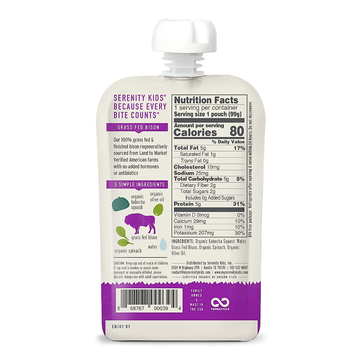 Serenity Kids Regenerative Land to Market Verified Baby Food Pouch Bundle | 6 Each of Grass Fed Bison, Beef & Ginger, and Beef (18 Count)