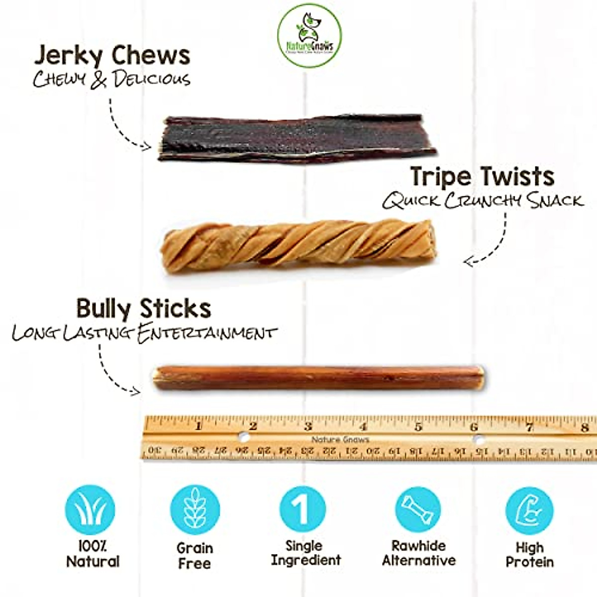 Nature Gnaws Premium Dog Chew Variety Pack - Tripe Twists, Beef Jerky and Bully Sticks for Dogs - Long Lasting Dog Chew Treats - Rawhide Free Dental Bones
