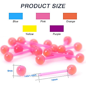 CrazyPiercing 10Pcs 14G 16mm Glow in The Dark Flexible Acrylic Tongue Ring or Nipple Ring Staight Tongue Barbell Retainer Piercing Jewelry (Pink)