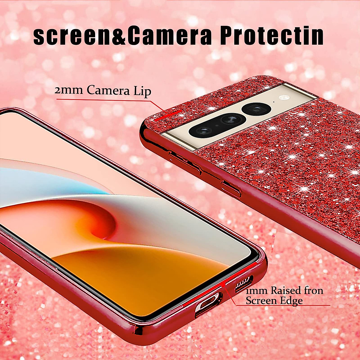 Compatible with Google Pixel 7 Pro Case Glitter Shockproof,Google Pixel 7 Pro Phone Case Bling Sparkly Soft TPU and PC Silicone Shiny Girl Women Thin Protective Cover (Red)