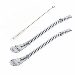 AKOAK 6.1 Inches Bombilla Drinking Filter Straws,Food-Grade 304 Stainless Steel Drinks Stir Spoon Straw for Loose Leaf Tea,Set of 2,Complimentary Straw Cleaning Brush