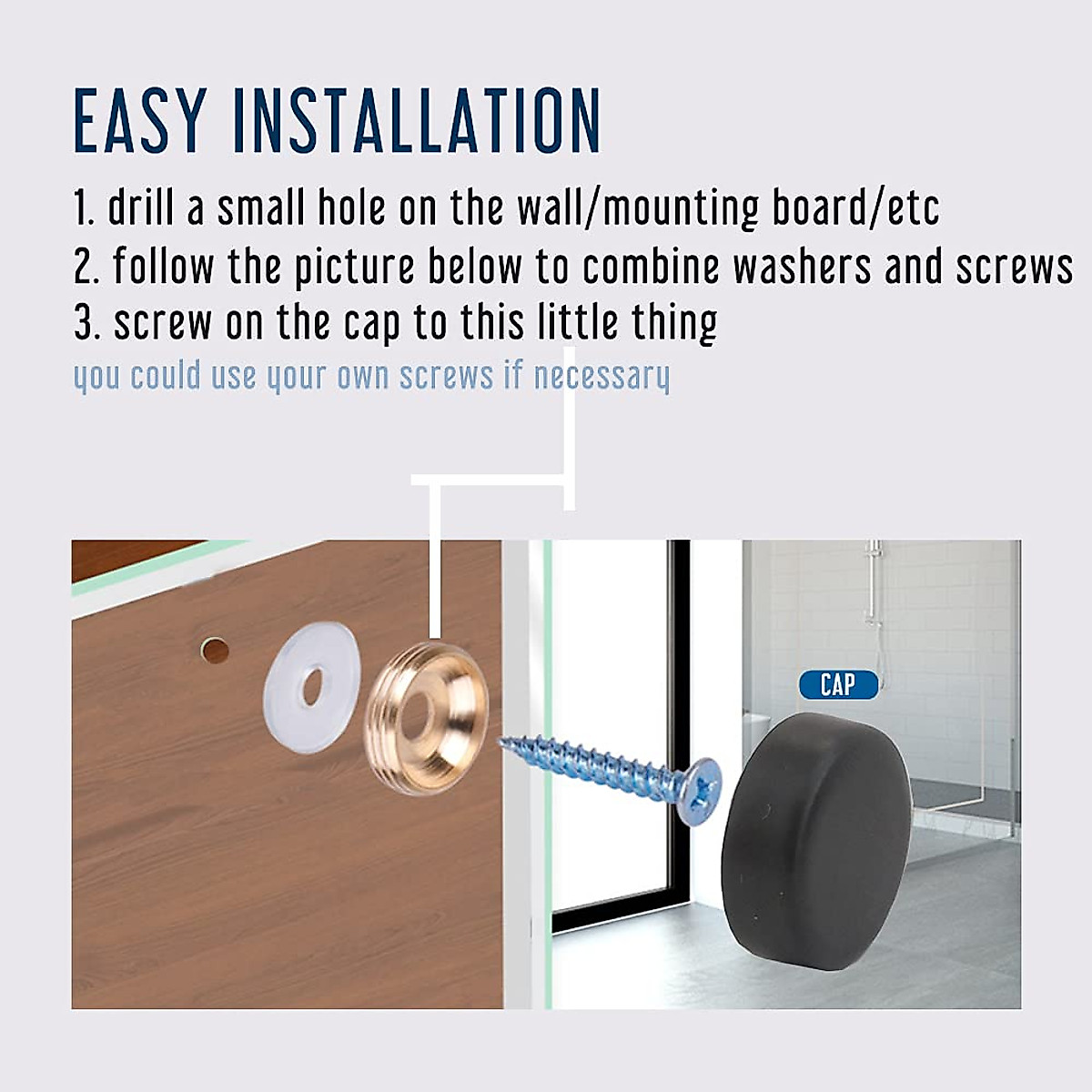 GIFTED LUGAR 4 PC 35 Dia Polished Decorative Screw CoversCaps,Stainless Steel Exposed Screw Head Covers wWashers for Furniture Indoor Outdoor Use, Round Shape (Matte Black)