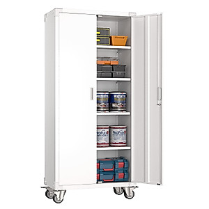 Aobabo Metal Storage Cabinet with Wheels,Heavy Duty Office Storage Cabinet with Lock,Steel Cabinet with 2 Doors and 4 Adjustable Shelves for Office Home School Storage,Required-Assembly White