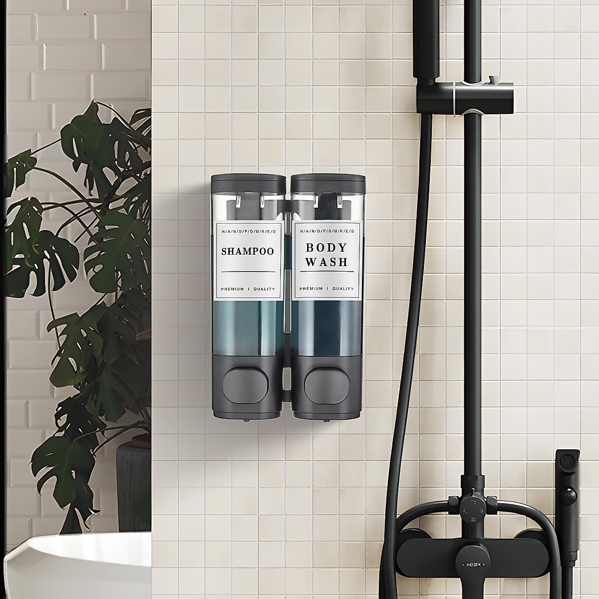 Shampoo and Conditioner Dispenser,Unisense Shower Soap Dispenser 2 Chamber No Drill Wall-Mounted Shampoo Dispenser for Shower Wall Mounted Shower Dispenser for Bathroom Hotel Large Capacity,Black