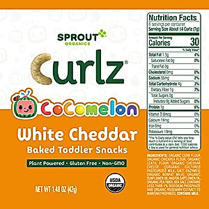 CoComelon Sprout Organic Baby Food, Toddler Snacks, White Cheddar Plant Power Curlz, 1.48 Ounce(Pack of 6)