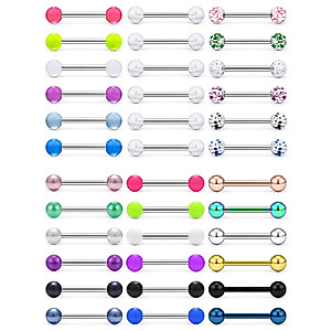 SCERRING 14G Stainless Steel Tongue Barbell Ring Nippleings Nipple Rings Shinny Acrylic Glow in Dark Opal Gilitter Balls Cartilage Body Piercing Jewelry Retainer 16mm 36PCS