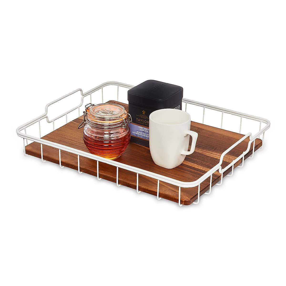 The Ría Safford Collection by iDesign Acacia Wood and Wire Serving Tray, 14.5" x 7.5" x 3.2", Coconut