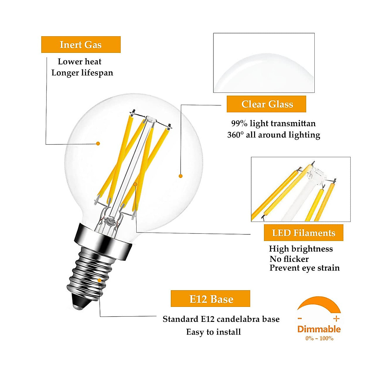 Dimmable E12 Candelabra LED Edison Bulbs, 4W Equal to 40 Watt G16.5 Mini Globe Light Bulbs, 2700K Warm White, E12 Mini Globe Bulb for Chandeliers, Ceiling Fan, Pendant 5-Pack