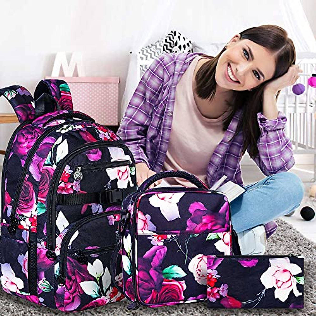 FTJCF Laptop Backpack, 16 Inch School Bag College Bookbag, Anti Theft Daypack Bags and Lunch Bag Set, Water Resistant Rose Backpacks for Teens Girls Women Students (Black)