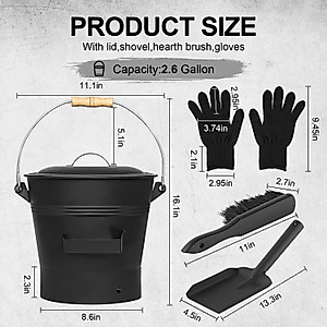 Fireplace Ash Bucket with Lid Shovel, Hand Broom and Gloves, 2.6 Gallon Charcoal Wood Fire Pits Burning Stoves, Coal/Large Pellet Metal Buckets/Hot Wood Carrier Pail Fire Pits Ash Can Cleaning Tools