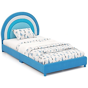Costzon Twin Bed Frames for Kids, Upholstered Wooden Kids Bed w/Adjustable Headboard, Slats Support, 660 LBS Weight Cap, No Box Spring Needed, Easy Assembly, Twin Platform Bed Frame (Blue Rainbow)